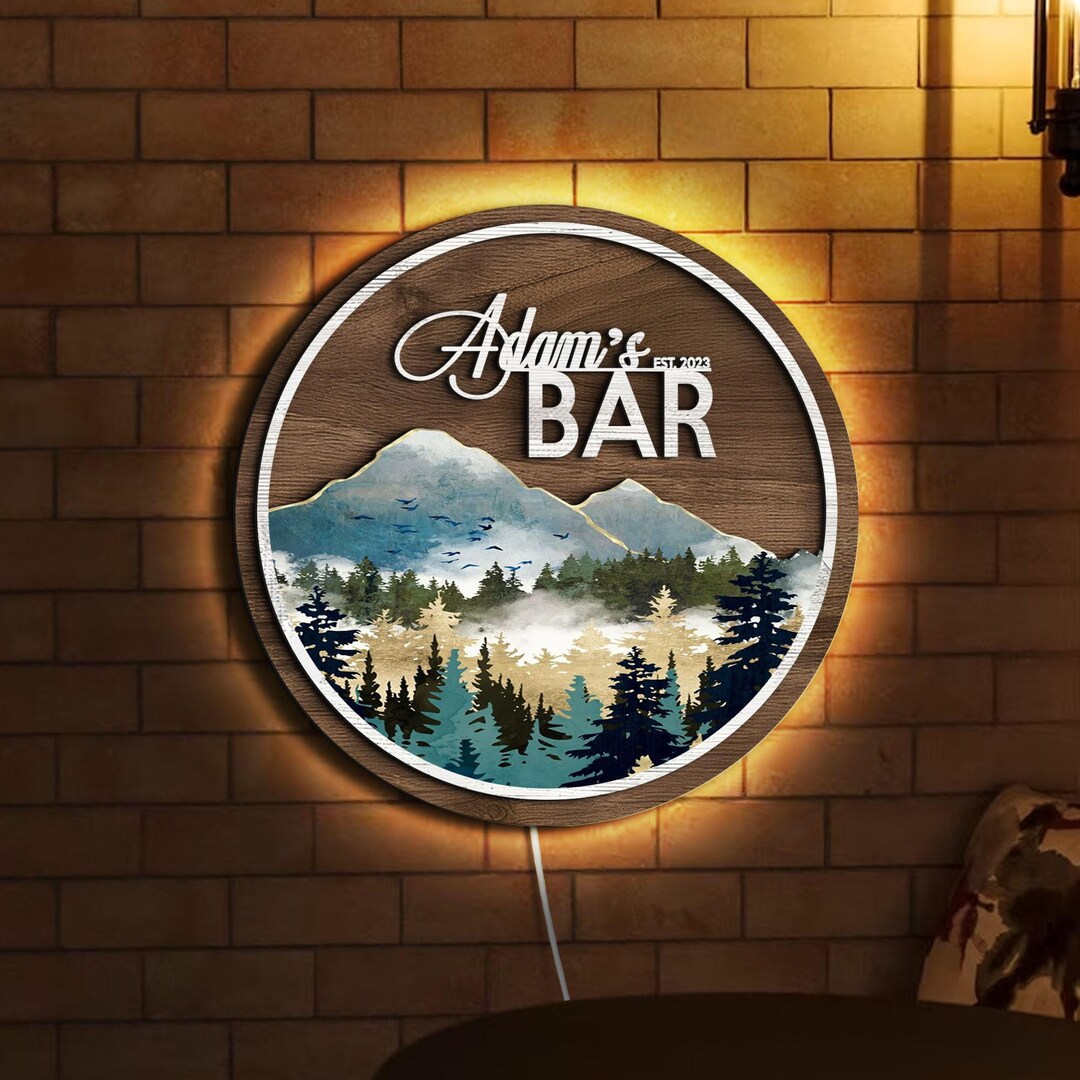 Personalized LED Light Wooden Bar Sign, Custom Embossed Round Wood Bar ...