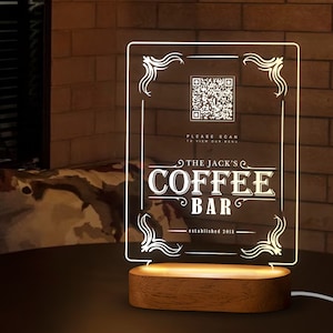 Custom LED Qr Code Menu Sign, LED Decor With Natural Wood Base ...