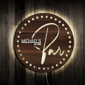 Personalized LED Light Wooden Bar Sign, Custom Embossed Round Wood Bar ...