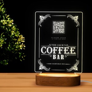 Custom LED Qr Code Menu Sign, LED Decor With Natural Wood Base ...