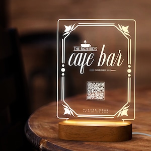 Custom LED Qr Code Menu Sign, LED Decor With Natural Wood Base ...
