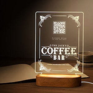 Custom LED Qr Code Menu Sign, LED Decor With Natural Wood Base ...