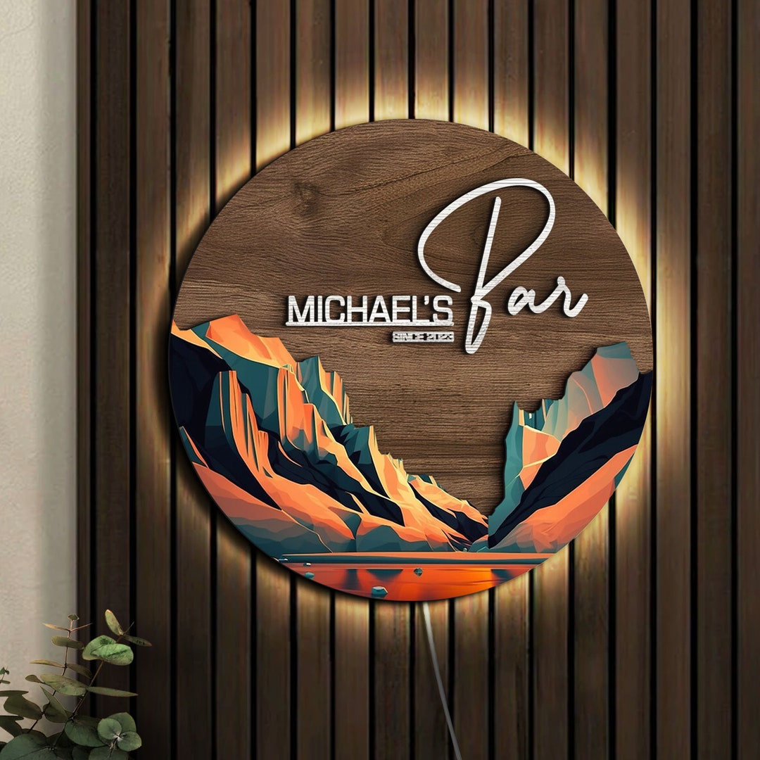 Personalized LED Light Wooden Bar Sign, Custom Embossed Round Wood Bar ...