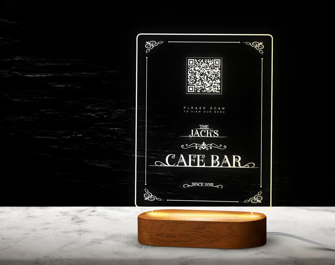 Custom LED Qr Code Menu Sign, LED Decor With Natural Wood Base ...