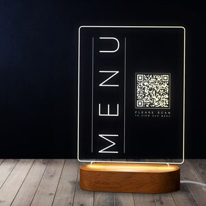 Custom LED Qr Code Menu Sign, LED Decor With Natural Wood Base ...