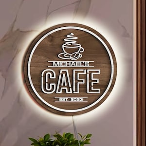 Personalized LED Light Wooden Coffee Bar Sign, Custom Embossed Round ...