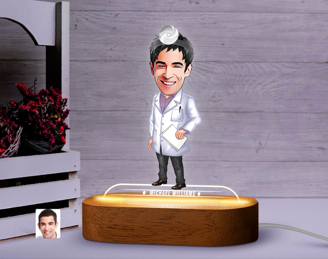 Personalized LED Light Cartoon Doctor Figurine With Natural Wooden ...