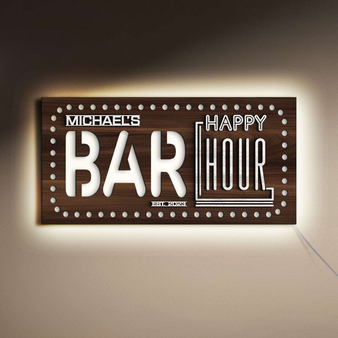 Personalized LED Light Wooden Bar Sign, Custom Embossed Wood Bar Sign ...