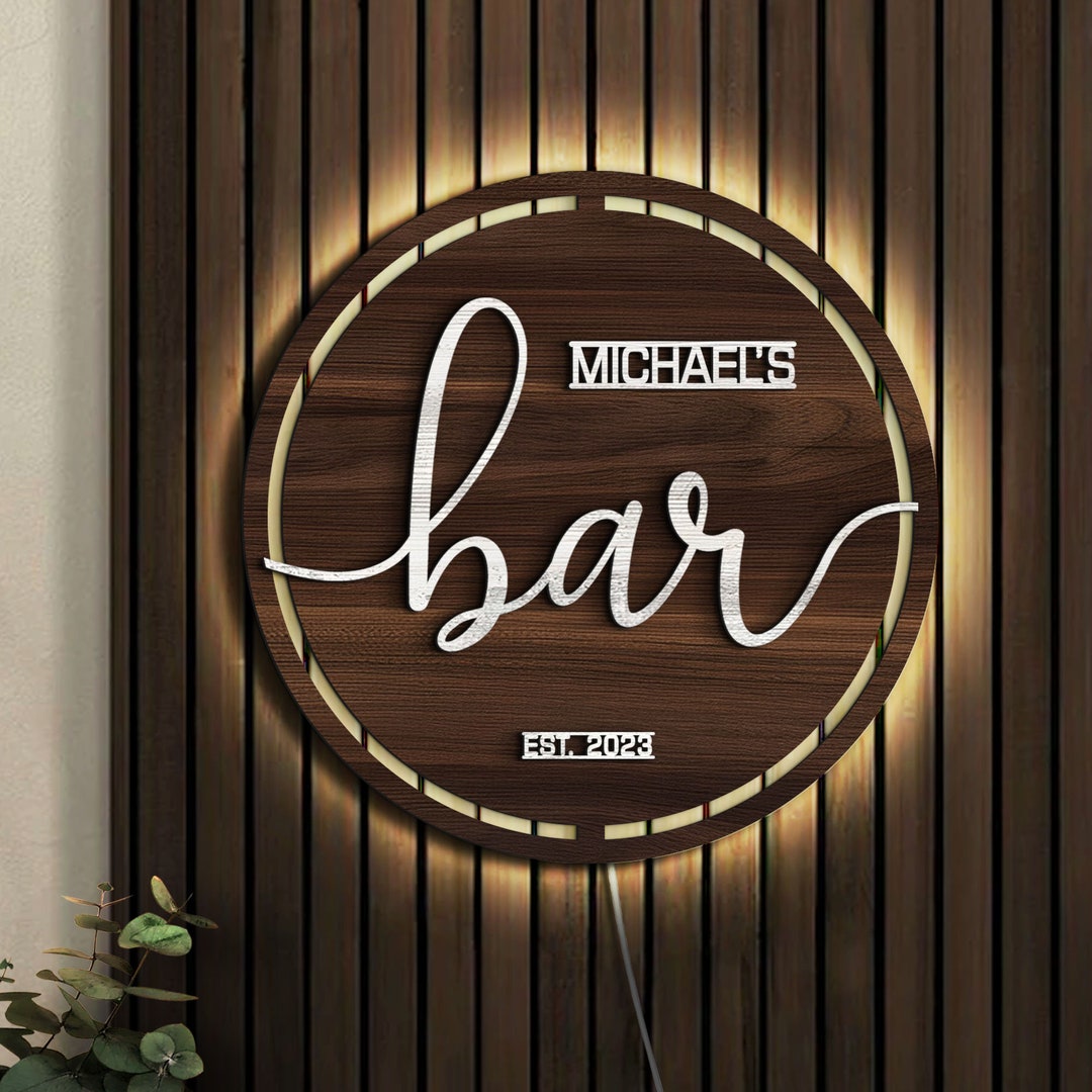 Personalized LED Light Wooden Bar Sign, Custom Embossed Round Wood Bar ...