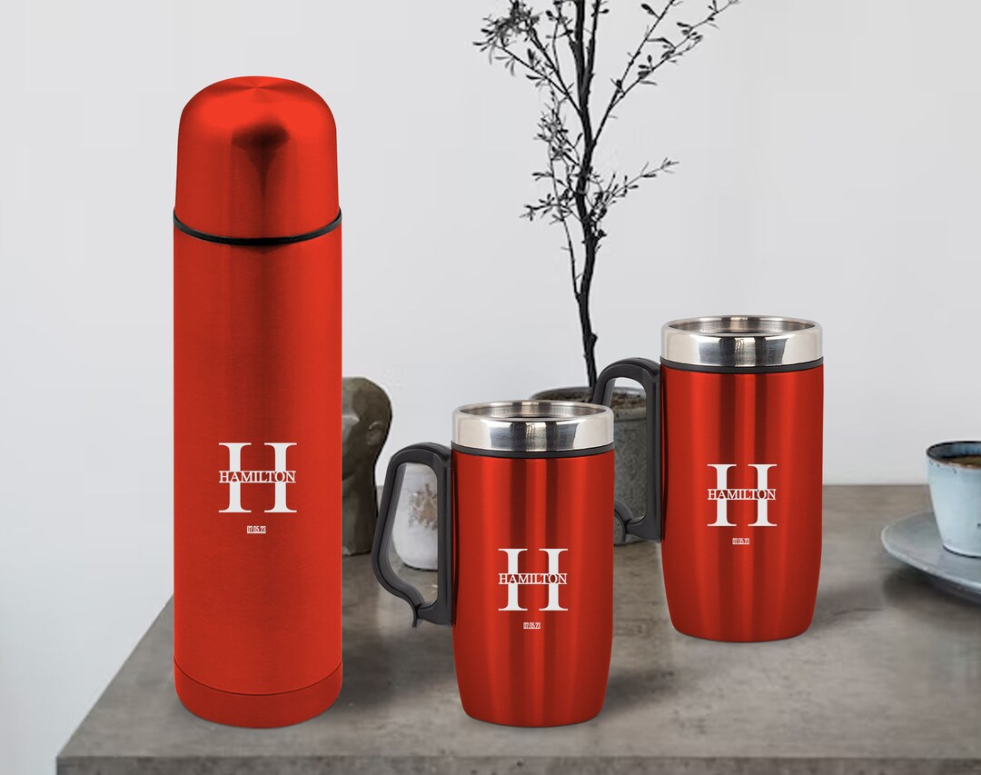 Personalized Travel Thermos With Leather Bag and Double Thermos Mug ...