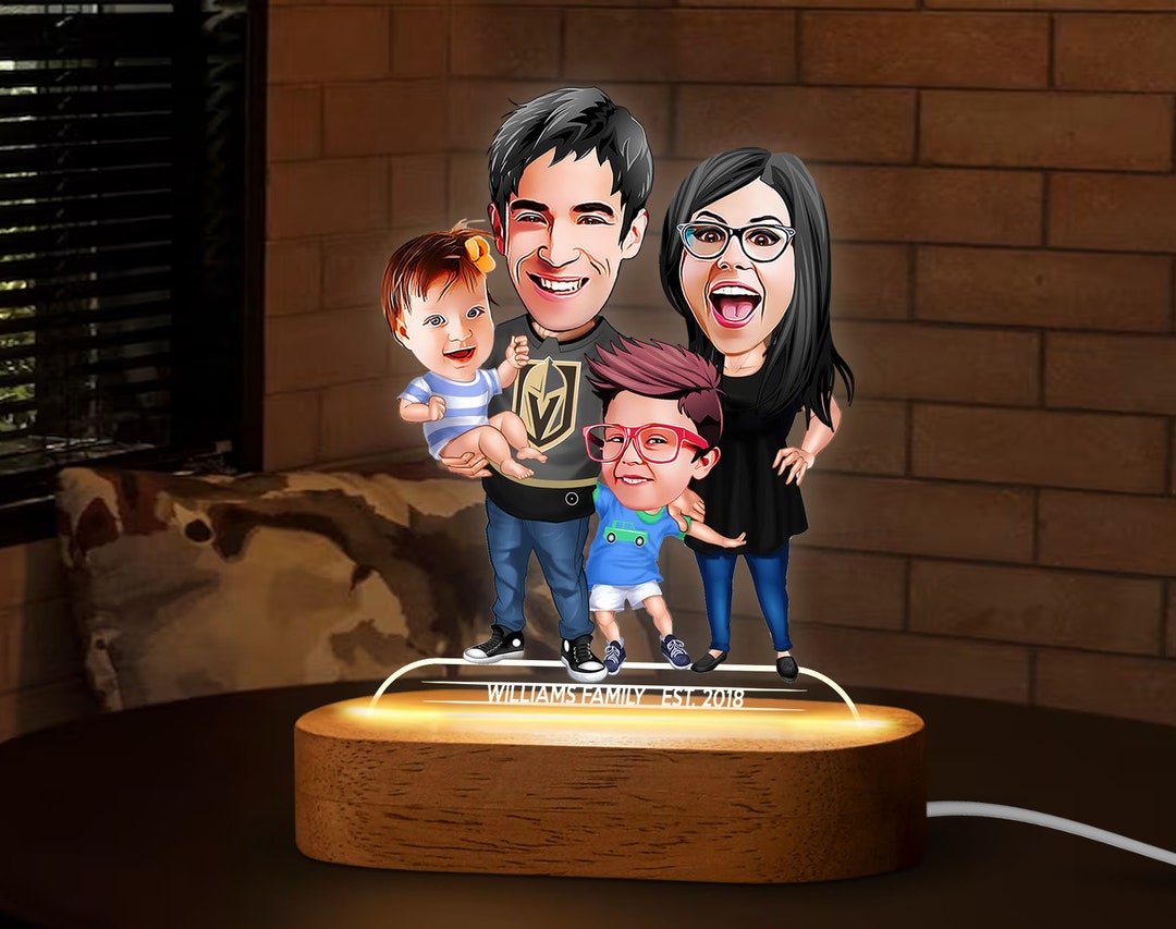 Personalized LED Night Light Family Cartoon With Natural Wood Stand ...