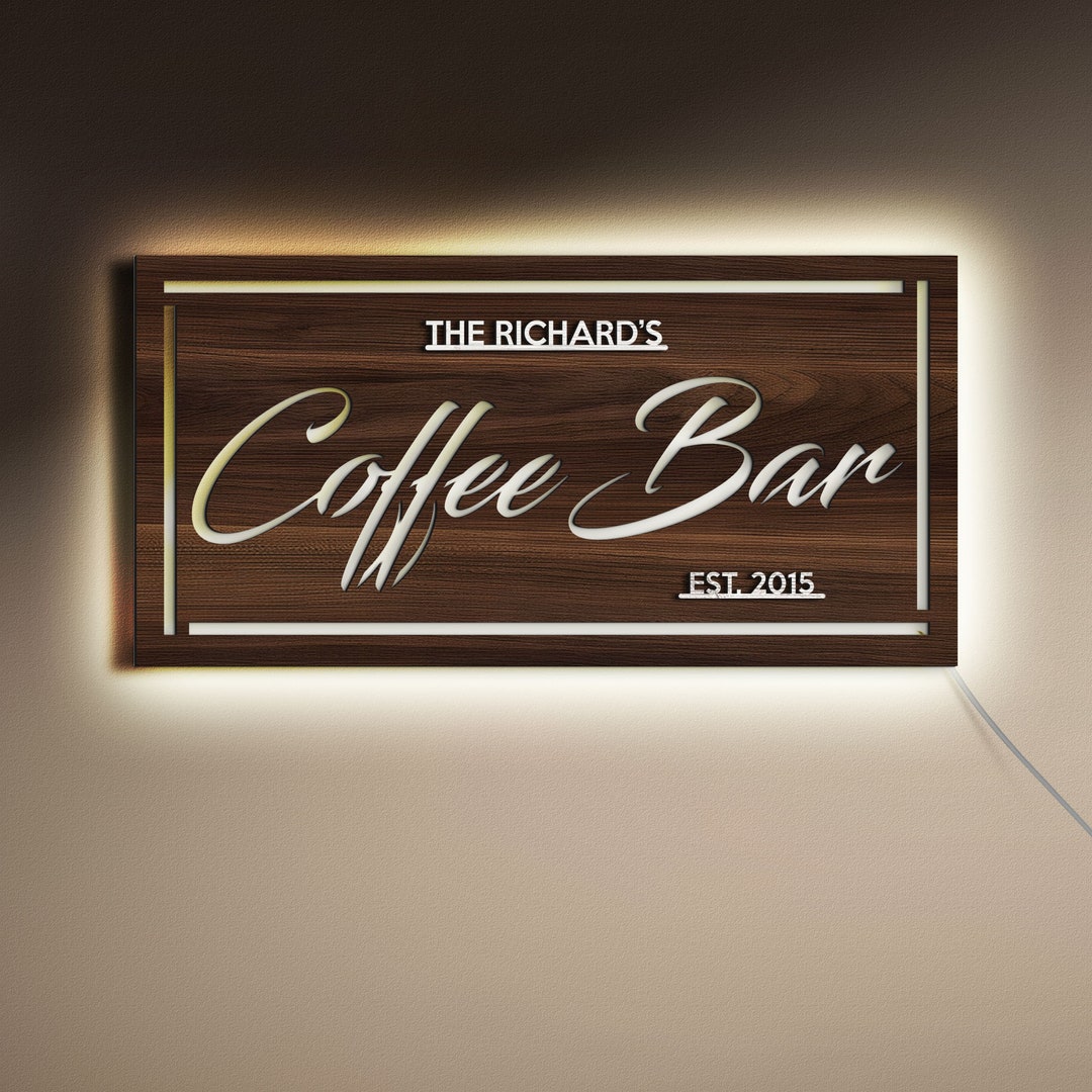 Personalized LED Light Wooden Coffee Bar Sign, Custom Embossed Wood ...
