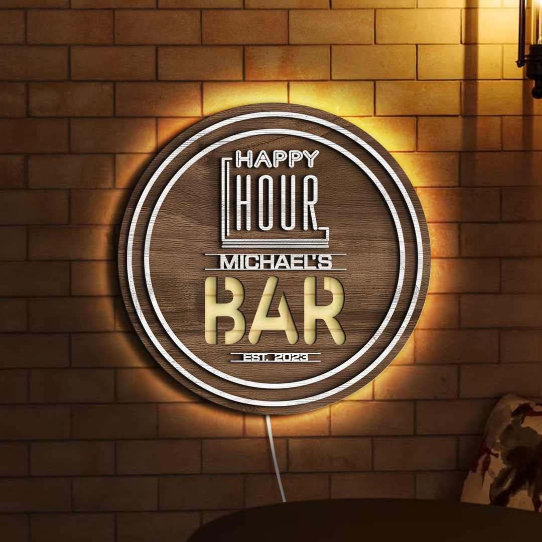 Personalized LED Light Wooden Bar Sign, Custom Embossed Round Wood Bar ...