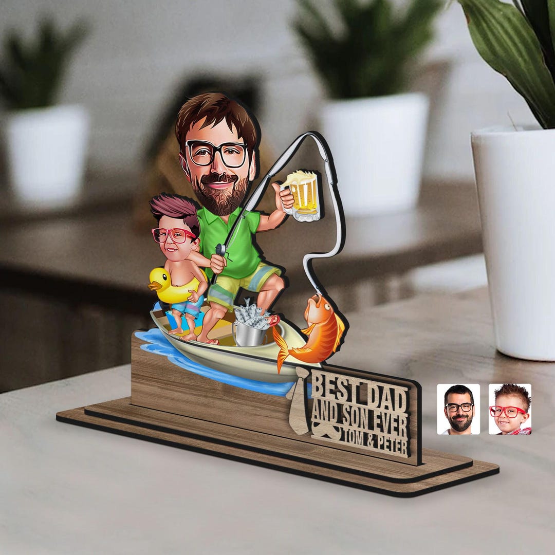 Personalized 3D Wooden Embossed Cartoon Dad and Son Figurine Trinket ...