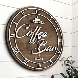 Personalized Coffee Bar Clock Sign, 3D Round Wooden Wall Clock, Custom ...