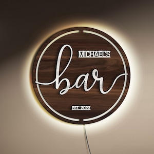 Personalized LED Light Wooden Bar Sign, Custom Embossed Round Wood Bar ...