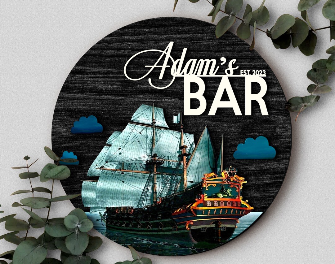 Personalized Bar Sign With Pirate Ship Design, Round Wooden Sign ...