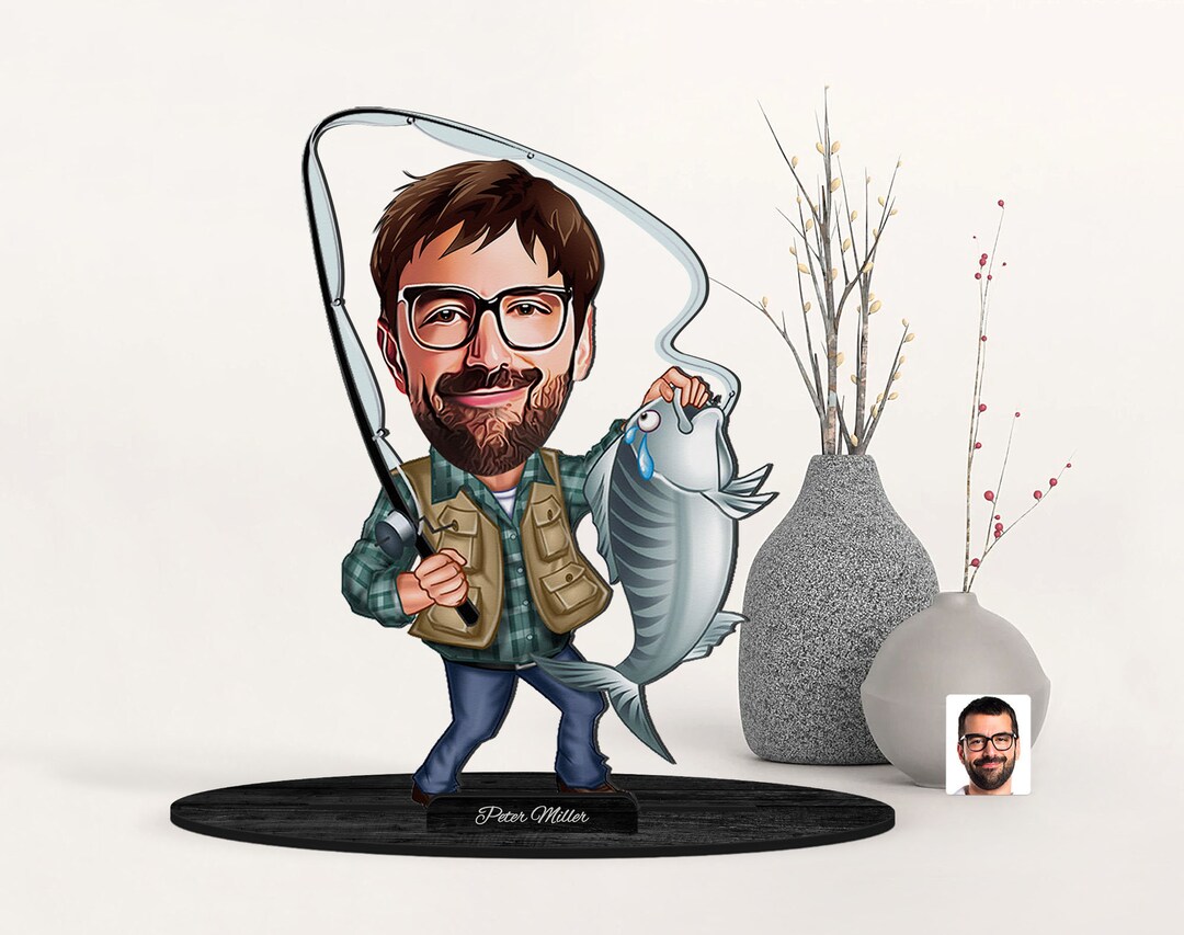 Personalized 3D Wooden Cartooned Fisherman Figurine Trinket, Custom ...