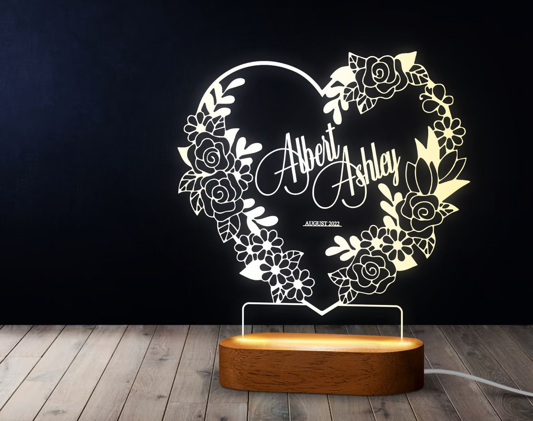 Custom LED Night Light Decor With Natural Wood Base, Personalized LED ...