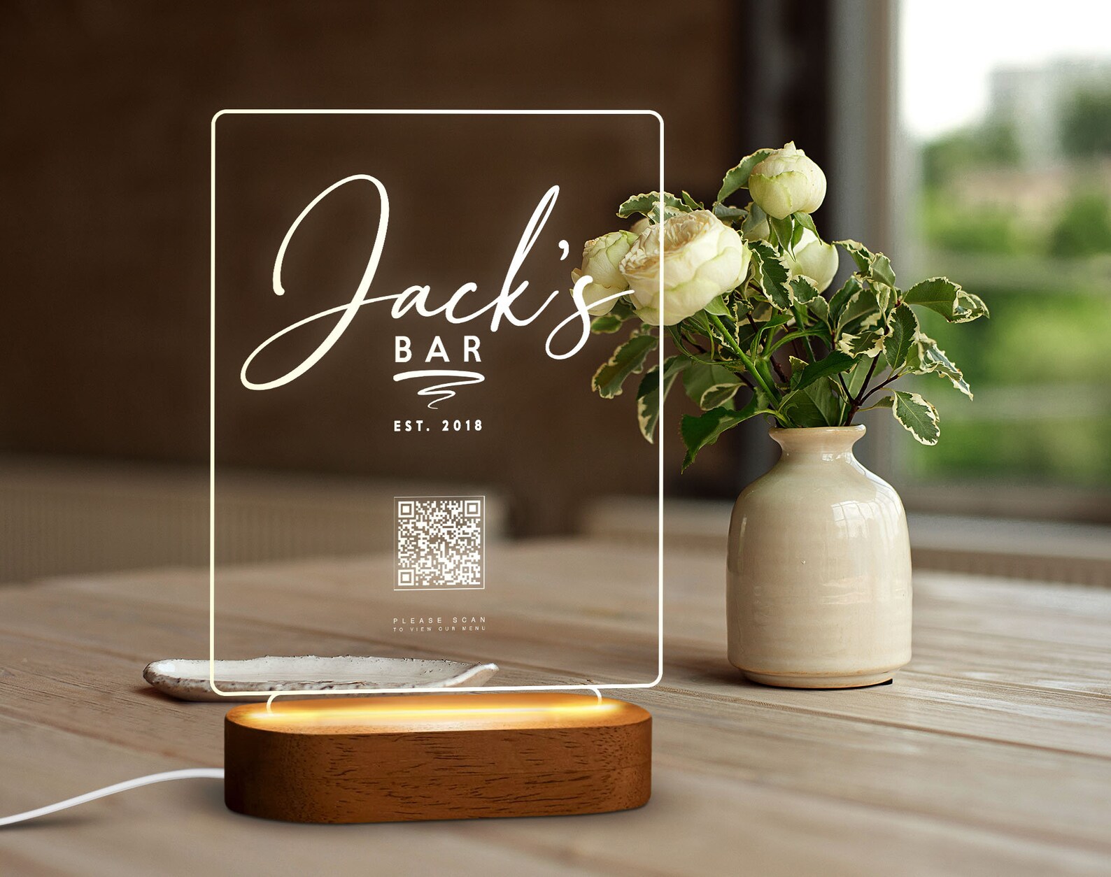 Custom LED Qr Code Menu Sign LED Decor With Natural Wood - Etsy