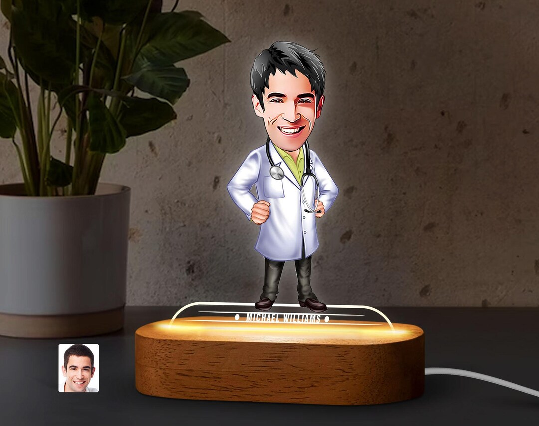 Personalized LED Light Cartoon Doctor Figurine With Natural Wooden ...