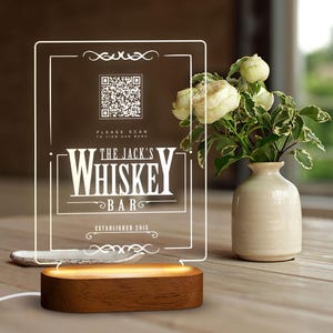Custom LED Qr Code Menu Sign, LED Decor With Natural Wood Base ...