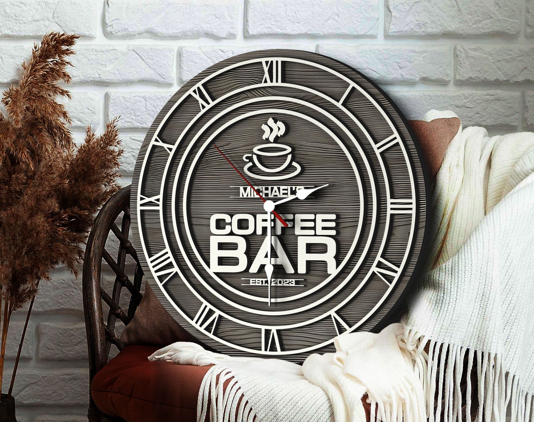 Personalized Coffee Bar Sign, 3D Round Wooden Wall Clock, Custom Wood ...