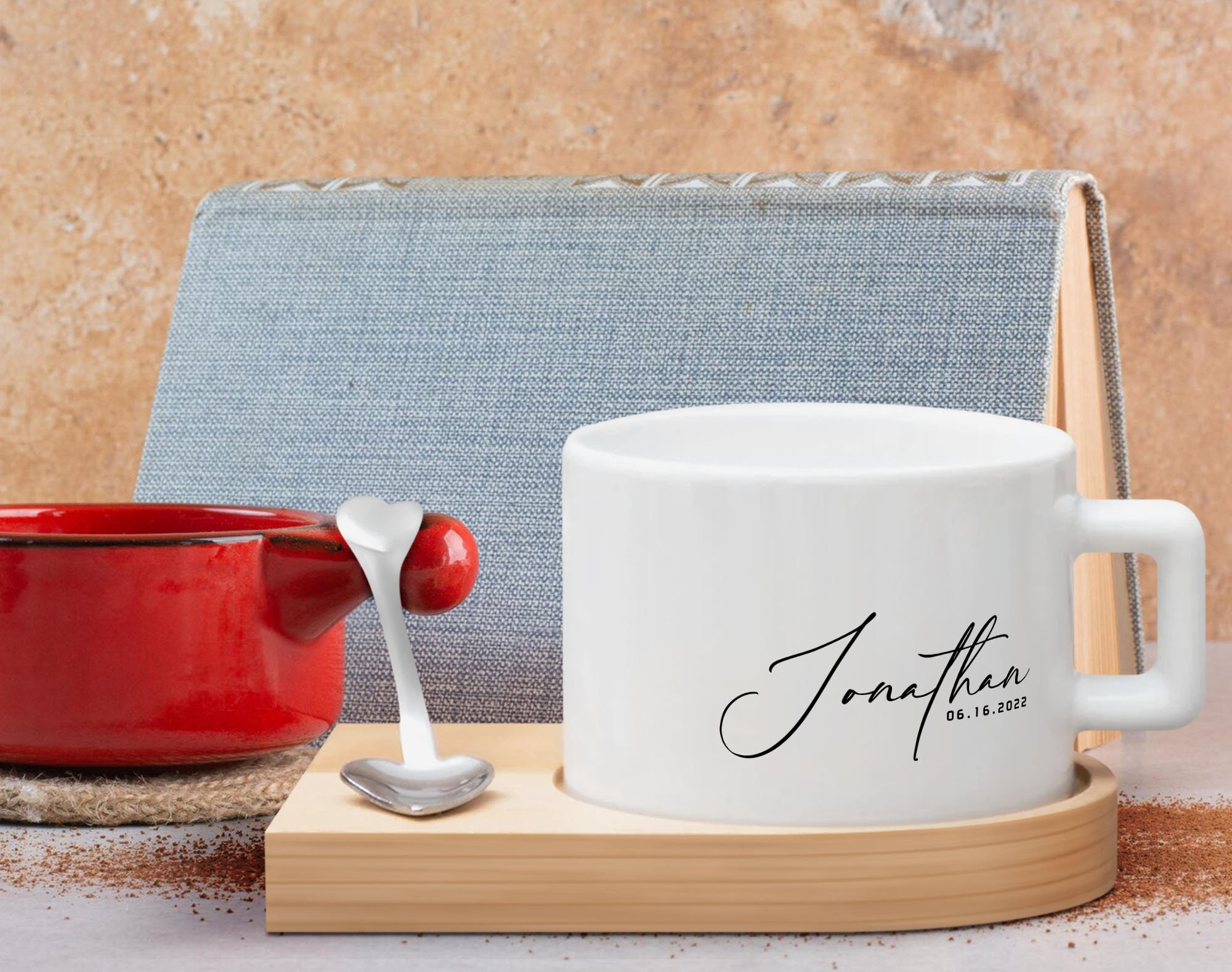 3 Pcs Personalized Coffee and Tea Cup Set With Wooden Saucer, Custom ...