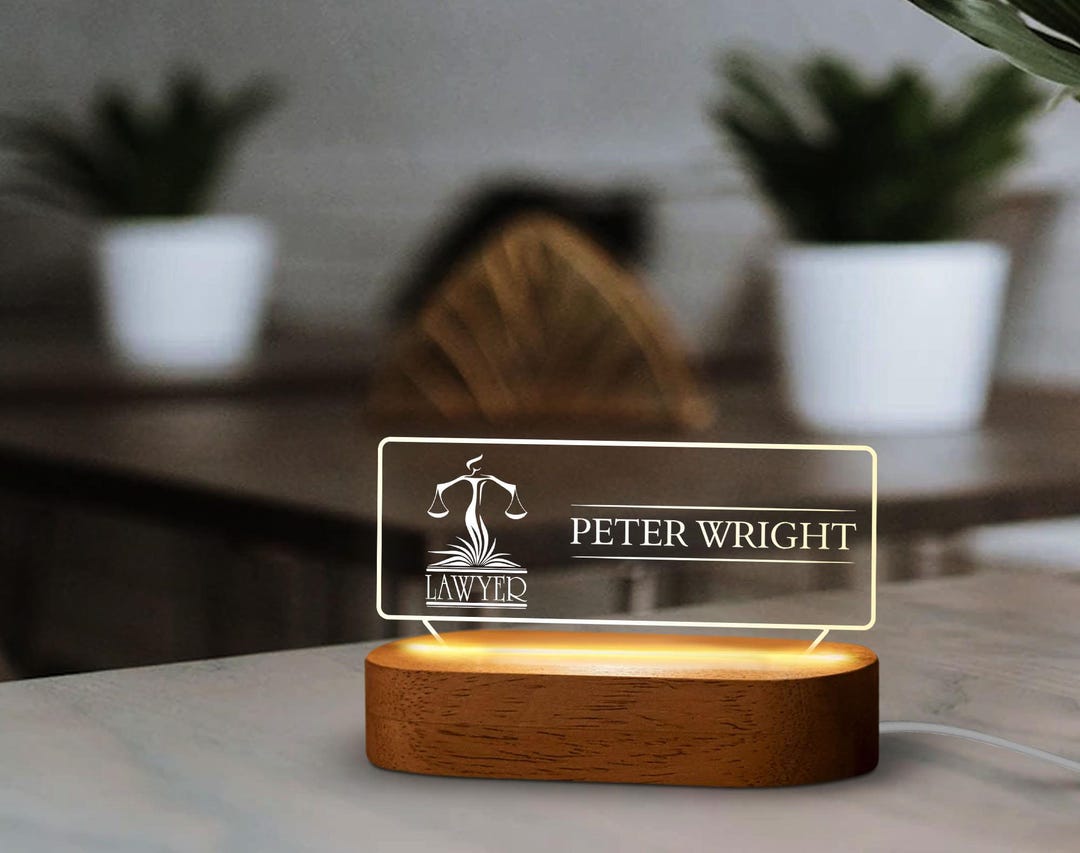 LED Light Lawyer Desk Name Plate With Natural Wood Base, Personalized ...