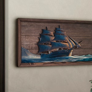 Handmade 3D Oak Tree Pirate Ship / Sailboat Wood Painting, Custom Wood ...