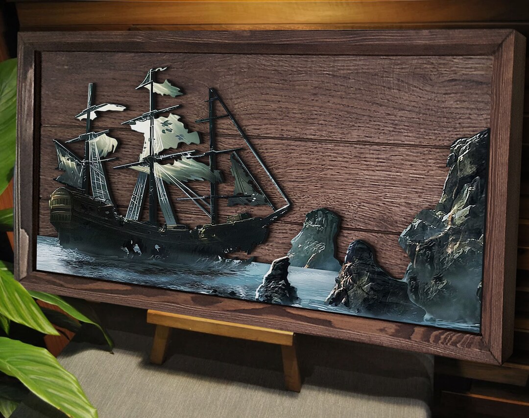 Handmade 3D Oak Tree Pirate Ship / Sailboat Wood Painting, Custom Wood ...