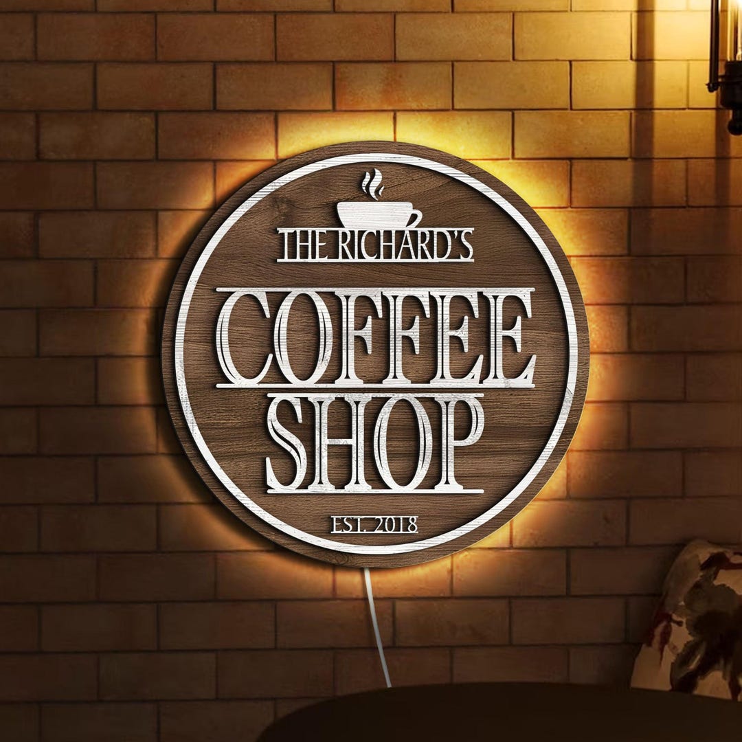 Personalized LED Light Wooden Coffee Bar Sign, Custom Embossed Round ...