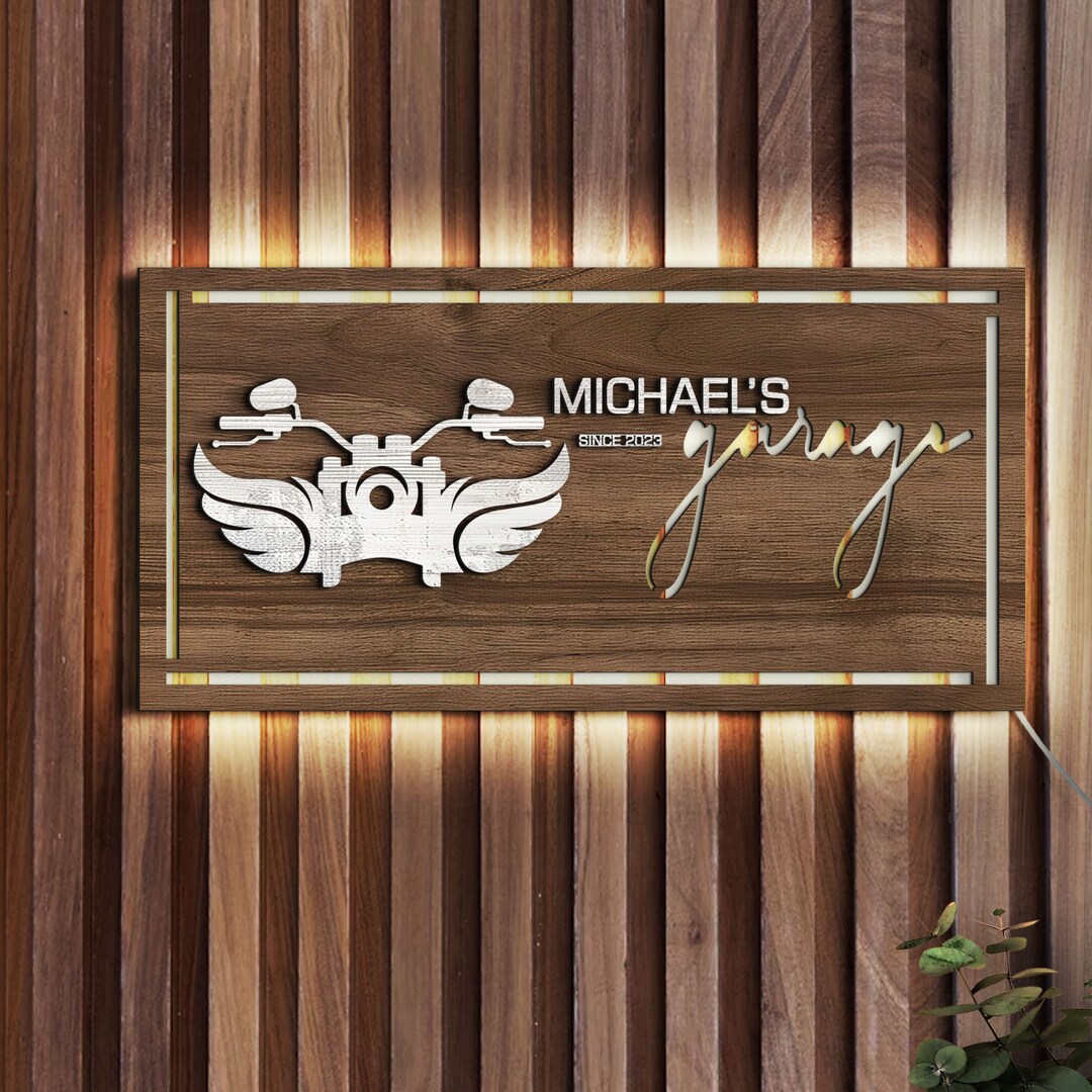 Personalized LED Light Wooden Garage Sign, Custom Embossed Wood Sign ...