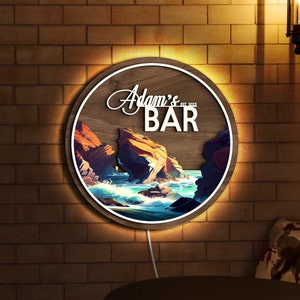 Personalized LED Light Wooden Bar Sign, Custom Embossed Round Wood Bar ...