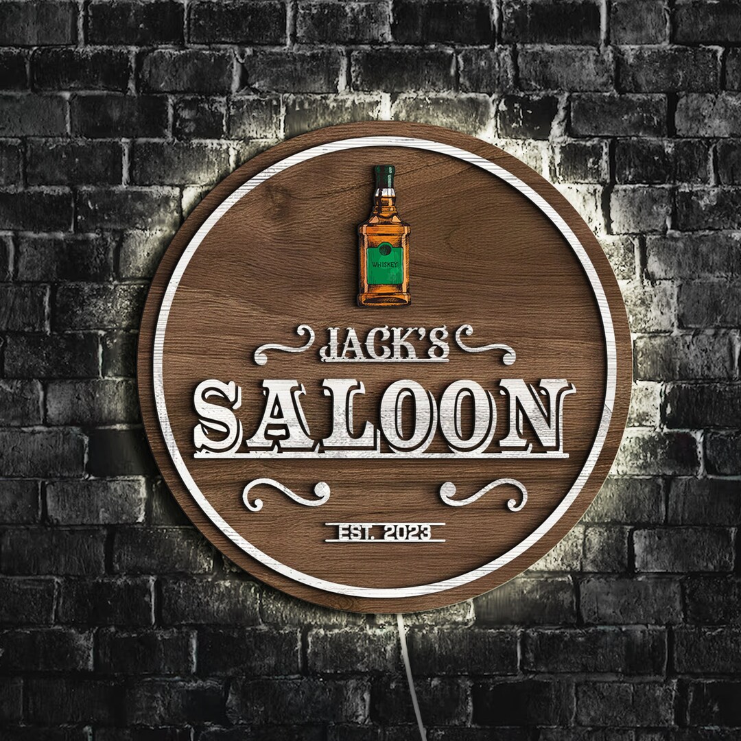 Personalized LED Light Wooden Bar Sign, Custom Embossed Round Wood Bar ...