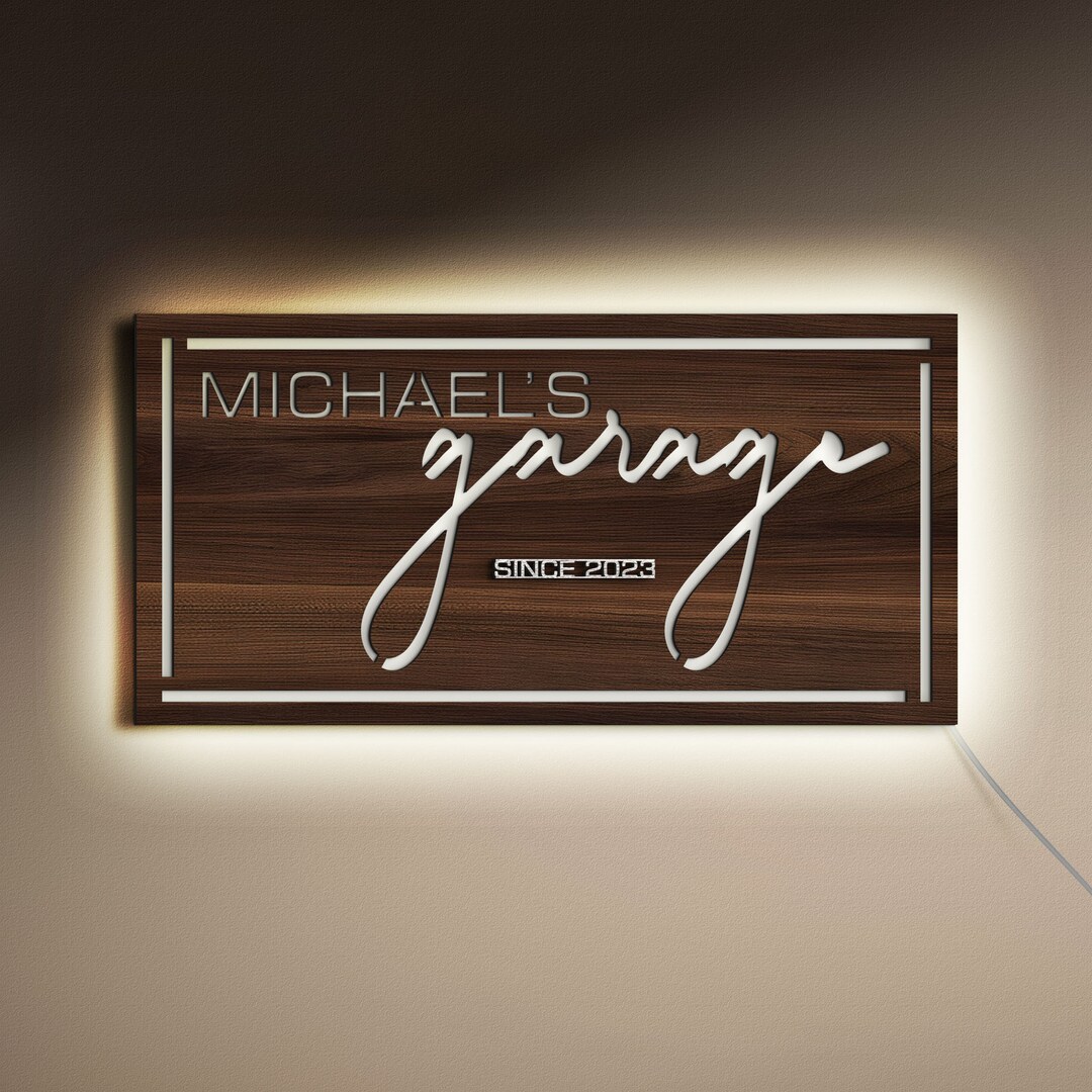 Personalized LED Light Wooden Garage Sign, Custom Embossed Wood Sign ...