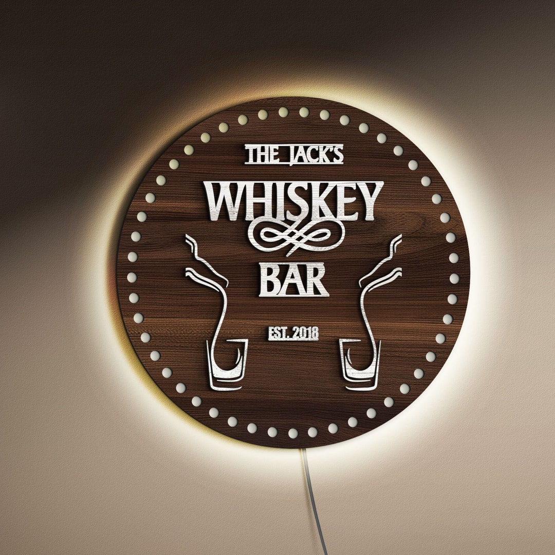 Personalized LED Light Wooden Bar Sign, Custom Embossed Round Wood Bar ...