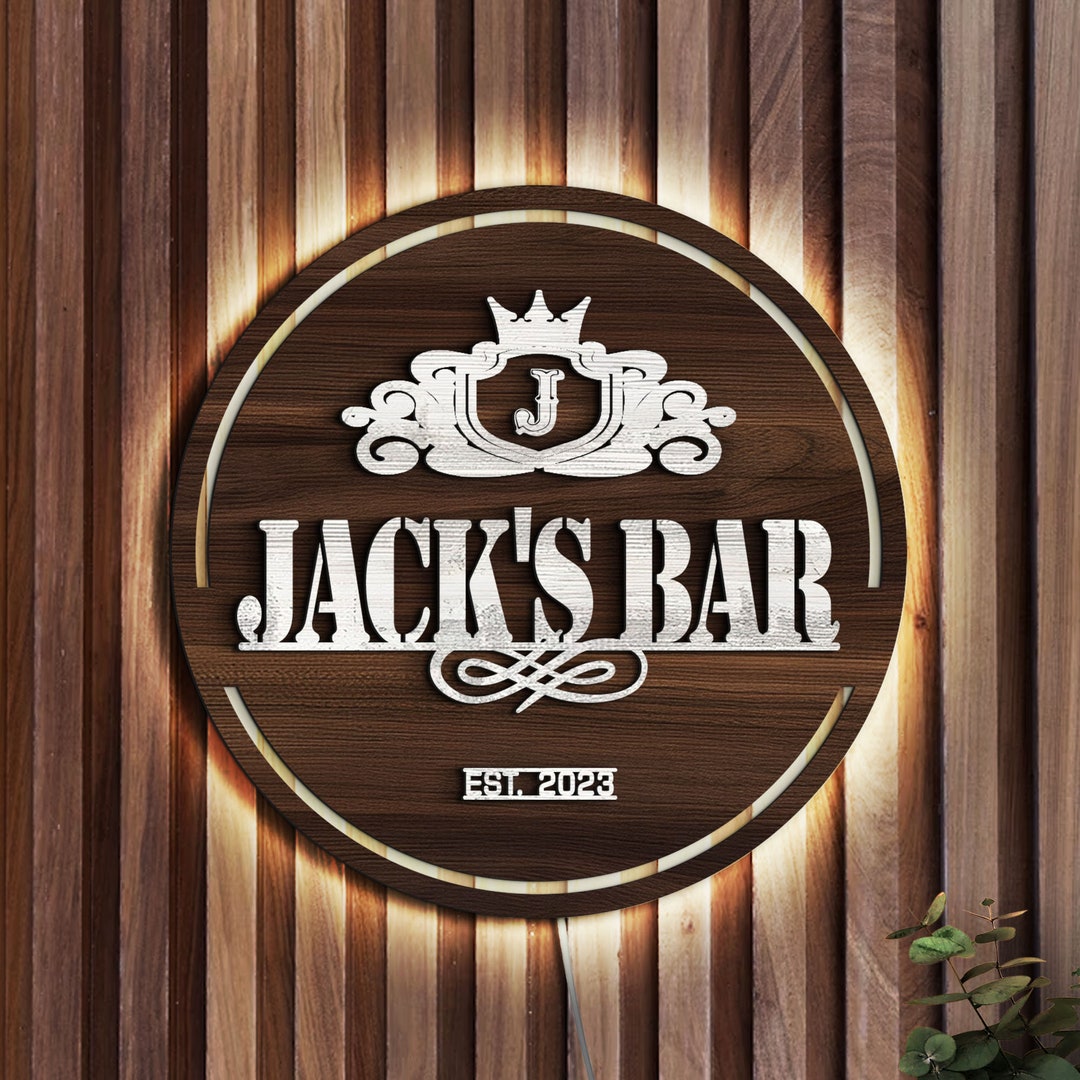 Personalized LED Light Wooden Bar Sign, Custom Embossed Round Wood Bar ...