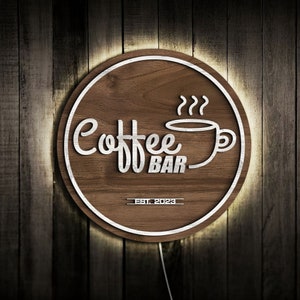 Personalized LED Light Wooden Coffee Bar Sign, Custom Embossed Round ...