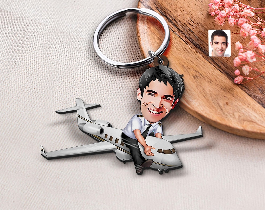 Keychain With Personalized Airplane Pilot Caricature, Gift for Him ...