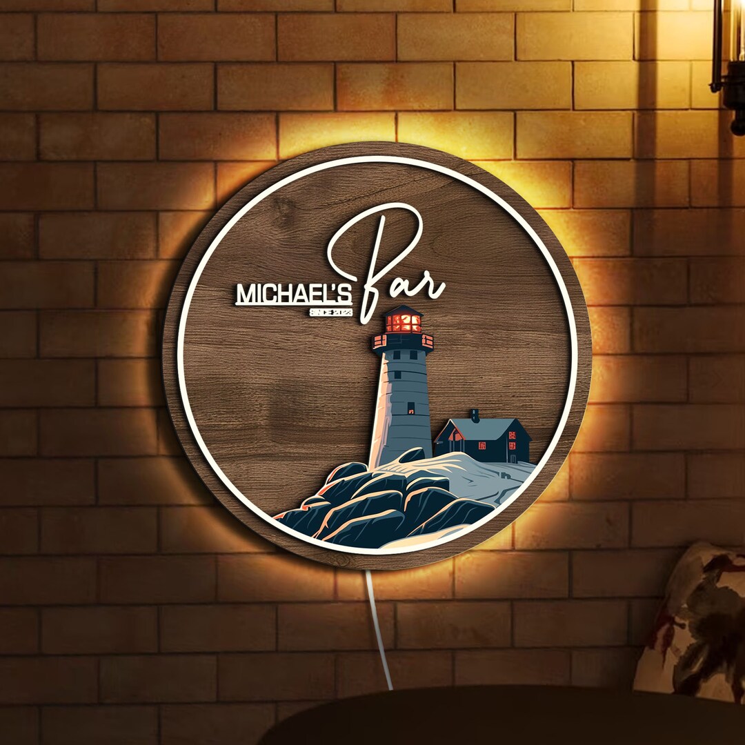 Personalized LED Light Wooden Bar Sign, Custom Embossed Round Wood Bar ...