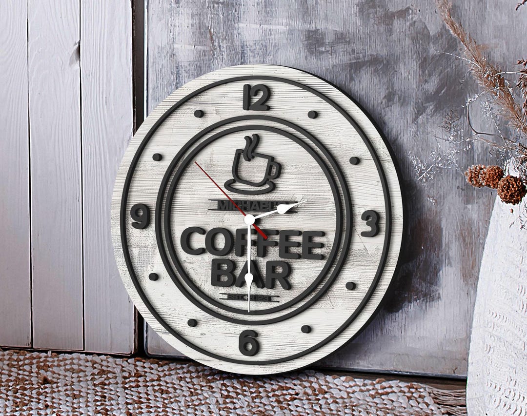 Personalized Coffee Bar Sign, 3D Round Wooden Wall Clock, Custom Wood ...