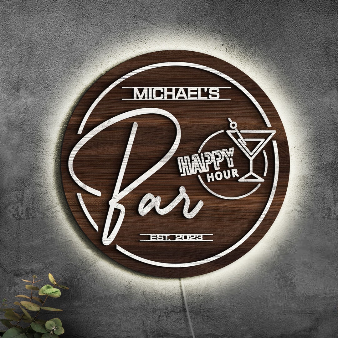 Personalized LED Light Wooden Bar Sign Custom Embossed Round - Etsy