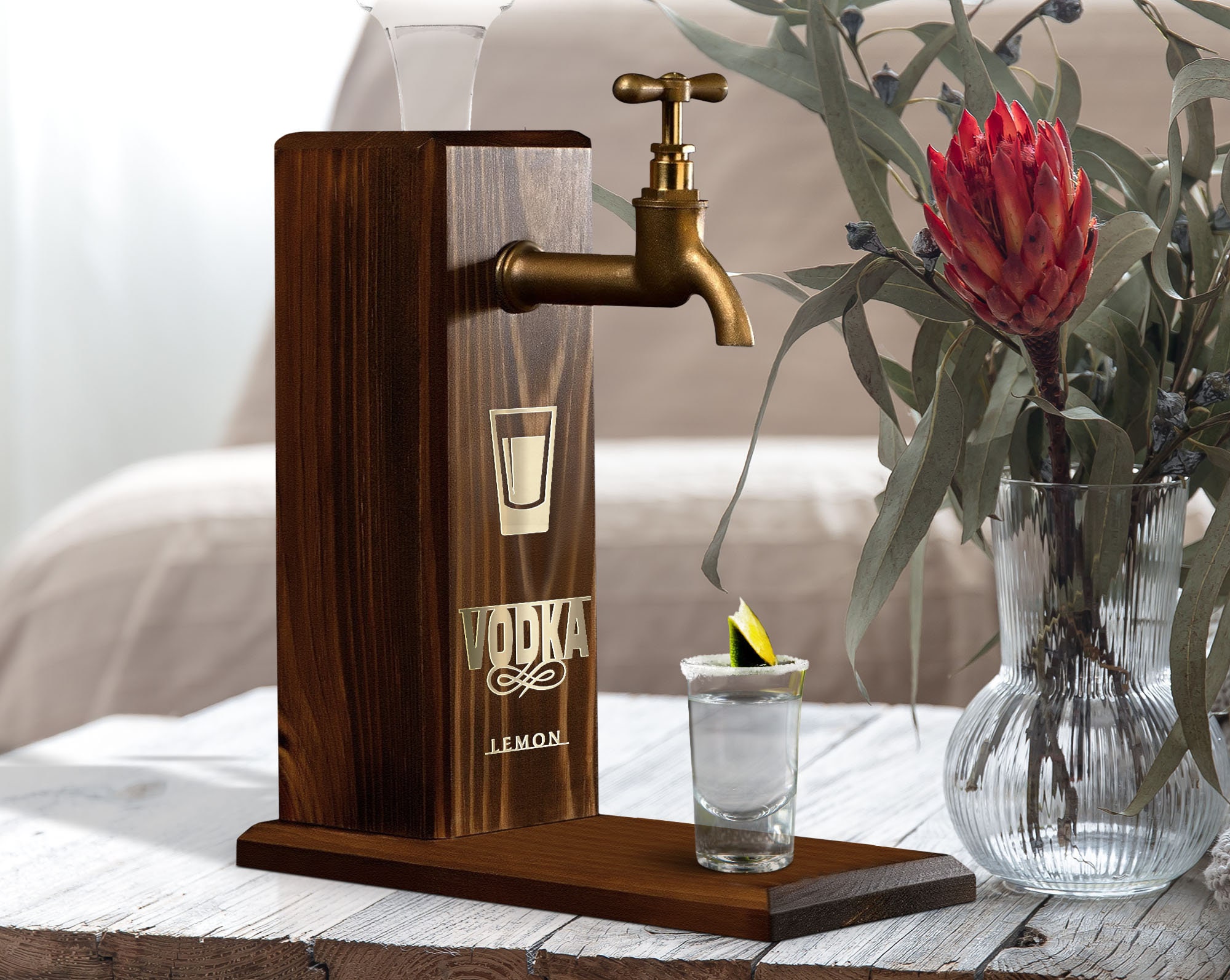 Natural Wood Gilded Mirror Vodka Dispenser, Alcoholic Drink Dispenser ...