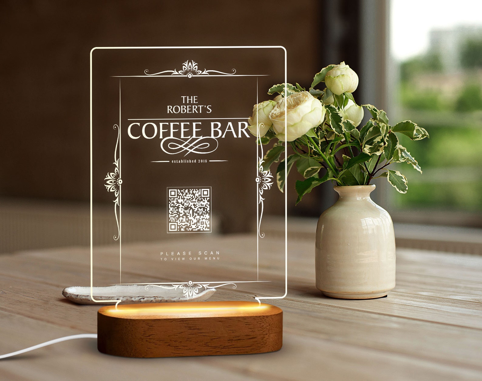Custom LED Qr Code Menu Sign LED Decor With Natural Wood - Etsy