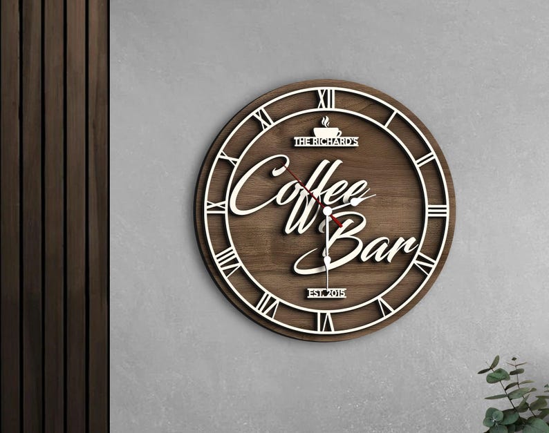 Personalized Coffee Bar Clock Sign, 3D Round Wooden Wall Clock, Custom ...