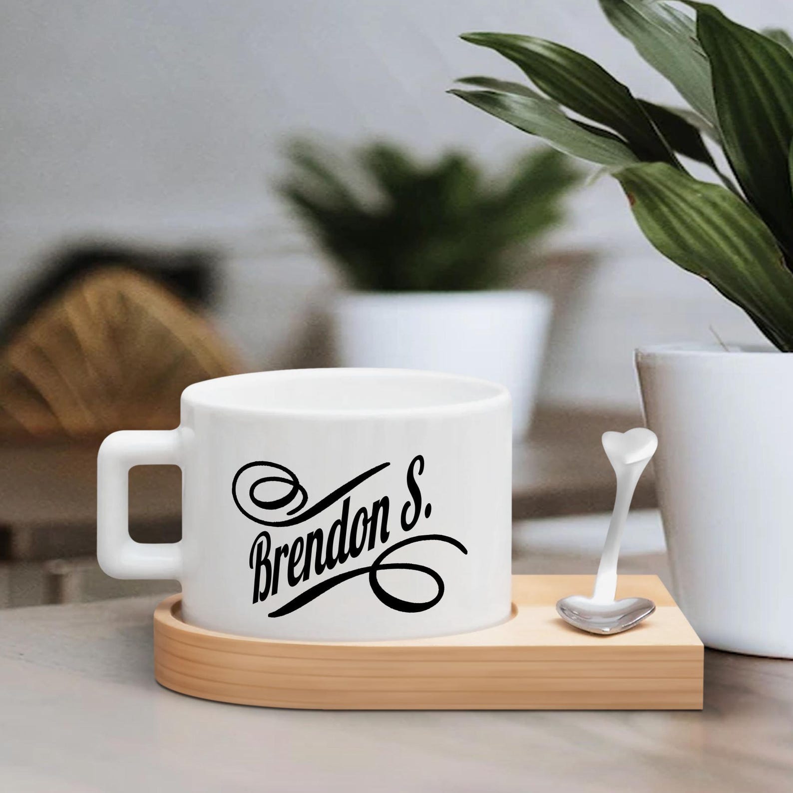 Personalized Name Coffee and Tea Cup Set With Wooden Saucer, Custom Tea ...