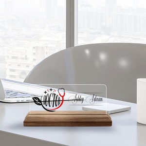 Personalized Transparent Acrylic Doctor Name Plate With Wooden Base ...