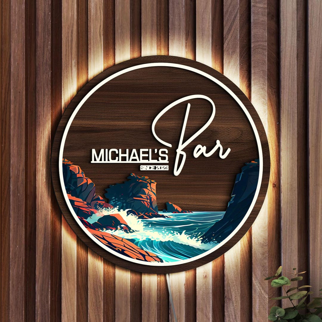 Personalized LED Light Wooden Bar Sign, Custom Embossed Round Wood Bar ...