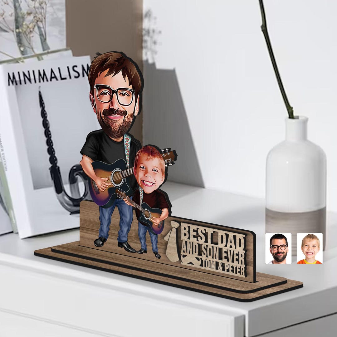 Personalized 3D Wooden Embossed Cartoon Dad and Son Figurine Trinket ...